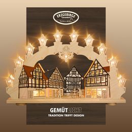 LED Schwibbogen Weigla "Altstadt, Fachwerkhaus, Lichterbogen aus Holz, Made in Germany", rot (natur, braun, rot, schwarz), B:66cm H:41cm T:6cm, Holzwerkstoff, Schwibb&ouml;gen, Erzgebirge garantiert, Weihnachtsdeko Innen, Weihnachtsbeleuchtung