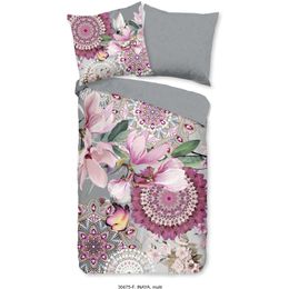 Wendebettwäsche HIP "Inaya", bunt (grau, rosa, multi), B/L: 135cm x 200cm, 1 Stk., 1 Stk., Flanell, B/L: 80cm x 80cm, 2 Stk., Flanell, Obermaterial: 100% Baumwolle, Bettwäsche, Biber, 135x200, Warm, Weich, Wendeoptik, Reißverschluss, Magnolie Grau