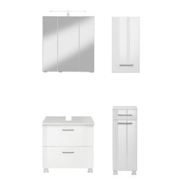 Badmöbel-Set Welltime "Trento, Badezimmer-Set, Waschbeckenunterschrank, Hängeschrank", weiß (hochglanz weiß), B:90cm H:200cm T:35cm, Holzwerkstoff, MDF, Kastenmöbel-Sets, Unterschrank, Waschbeckenunterschrank, Spiegelschrank, Aufbauleuchte