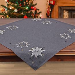 Mitteldecke Delindo Lifestyle "Weihnachtssterne" Gr. 1, grau (anthrazit), B:85cm L:85cm, Polyester, Tischdecken, Glattes Gewebe, bestickt
