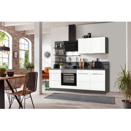 Küchenzeile KOCHSTATION "KS-Brindisi", weiß (küche: weiß, front: weiß hochglanz, korpus: grafit, arbeitsplatte: anthrazit), B:210cm H:200cm T:60cm, Komplettküchen-Sets, Küchenzeile, Breite 210 cm, wahlweise mit E-Geräten, mit MDF-Fronten und Regal