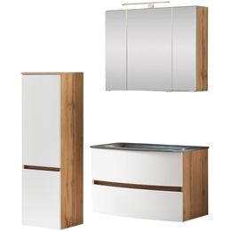 Badezimmer-Set Welltime "Kaunas", weiß (matt weiß, wotaneiche), B:120cm H:200cm T:49cm, Kastenmöbel-Sets, bestehend aus Waschtisch-Set mit Midischrank, Breite 120 cm