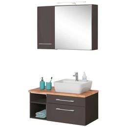 Badmöbel-Set Welltime "Davos", grau (grafit, grau), Becken rechts, Kastenmöbel-Sets, Spiegelschrank mit extra Regal