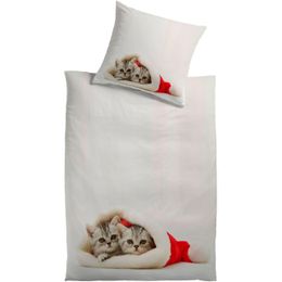Bettwäsche Kinzler "Katzenmotiv", weiß (bunt), B/L: 135cm x 200cm, 1 Stk., 1 Stk., Renforcé, B/L: 80cm x 80cm, 2 Stk., Renforcé, Obermaterial: 100% Baumwolle, Bettwäsche, aus Baumwoll-Renforcé