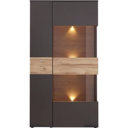 Vitrine FORTE "Como", grau (grau, eichefarben), B:90 H:168 T:41, FSC-zertifizierter Holzwerkstoff, Schränke, Highboard, LED Beleuchtung Einlegeböden, Glastüre, Soft Close