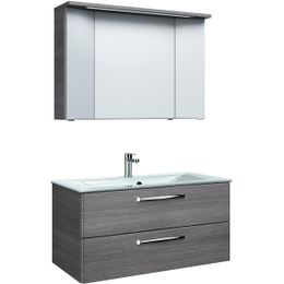 Badmöbel-Set SAPHIR "Trentino 2-teilig Glas-Waschtisch, Spiegelschrank mit LED-Leuchte", grau (graphit struktur quer nb), Kastenmöbel-Sets, Badmöbel-Set 107cm breit, inkl. Türdämpfer, 3 Türen, 2 Auszügen
