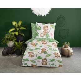 Kinderbettwäsche Good Morning "Play", grün, B/L: 135cm x 200cm, 1 Stk., 1 Stk., Renforcé, B/L: 80cm x 80cm, Garnitur: 2 Stk., Renforcé, Obermaterial: 100% Baumwolle, Bettwäsche, 100% Baumwolle, 135x200, Reißverschluss, Wendeoptik, Kind, Affe, Grün