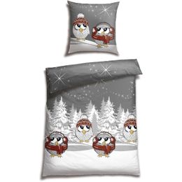 Bettwäsche Schiesser "Olsona aus weicher Baumwolle mit coolem Winter-Print", grau, B/L: 155cm x 220cm, 1 Stk., 1 Stk., Feinbiber, B/L: 80cm x 80cm, 2 Stk., Feinbiber, Obermaterial: 100% Baumwolle, Bettwäsche, MADE IN GREEN by OEKO-TEX-zertifiziert