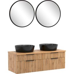 Badmöbel-Set Welltime "Welltime, Carlton Waschtisch-Set, 80 oder 120 cm, gestreift", schwarz (wotnaeiche, schwarz), Set 8: 3tlg. Waschtisch-Set 120cm: 2x Spiegel 60cm und Waschtischmit 2 schwarzen Aufsatzbecken, Spanplatte, Kastenmöbel-Sets