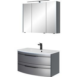 Badmöbel-Set SAPHIR "Serie 7045 2-teilig Mineralmarmor-Waschtisch mit LED-Spiegelschrank", grau (stahlgrau metallic), B:93,2cm H:200cm T:50,1cm, Spanplatte, Kastenmöbel-Sets, Badezimmer-Set 93,2 cm breit, inkl. Türdämpfer, 3 Türen, 2 Schubladen