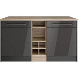 Kücheninsel KOCHSTATION "KS-Wien", grau (küche: grau, front: grau hochglanz, korpus: grafitgrau, arbeitsplatte: eiche sonoma), B:153cm H:85cm T:100cm, Komplettküchen-Sets, Küchenzeile, Breite 153 cm, MDF-Fronten, Flaschenregal