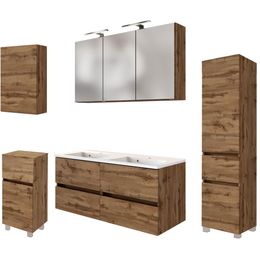 Badmöbel-Set Welltime "Welltime Möbel Baabe Waschtisch-Set 3tlg. oder 5tlg.", braun (wotaneiche), Set 16 5tlg.: Waschtisch 120cm breit, Spiegelschrank 120cm breit, Hängeschrank, Unterschrank, Seitenschrank, Holzwerkstoff, Kastenmöbel-Sets, gedämpfte Scharniere und Softclose-Funktion, inklusive LED-Beleuchtung