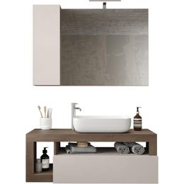 Badmöbel-Set Welltime "Hamburg, Badezimmerset 2tlg. Breite 110 cm, Badmöbel, Waschtisch inkl.", weiß (cashmere, mercure nb holzstruktur), B:110cm H:190cm T:49cm, Holzwerkstoff, Kastenmöbel-Sets, Waschbecken, Spiegelschrank mit LED Aufbauleuchte, Soft-Close-Funktion