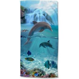 Strandtuch Good Morning "Will", blau, B:75cm L:150cm, Microfaser, Obermaterial: 100% Polyester, Handtücher, 100% Mikrofaser, 75x150, Schnelltrocknend, Kind, Delfin, Meer, Blau