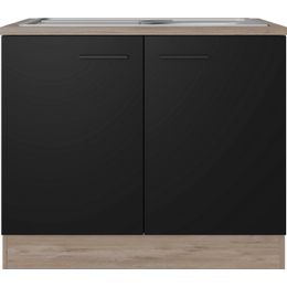 Spülenschrank Flex-Well "Capri", schwarz (schwarz, endgrain oak), B:100cm H:85cm T:60cm, Holzwerkstoff, Schränke, (B x H x T) 100 x 85 x 60 cm, inkl. Edelstahl-Einbauspüle