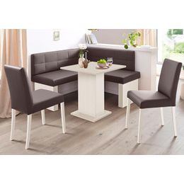 Eckbankgruppe MASSIVLINE & MORE "Anna 2", braun (holzwerkstoff mit farbe weiß, lotos 5093 dunkelbraun, dunkelbraun, weiß), Kunstleder, Eckbank Anna 130cm x 130cm,Säulentisch Anna 68cm x 68cm,2 x Stühle Anna,Weiß dekor,Lotos 5093 dunkelbraun, Holzwerkstoff, Kunstleder, Sitzmöbel-Sets, mit 2 Stühlen mit massiven Gestell