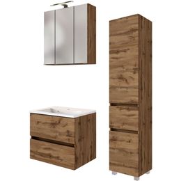 Badmöbel-Set Welltime "Welltime Möbel Baabe Waschtisch-Set 3tlg. oder 5tlg.", braun (wotaneiche), Set 5 3tlg.: Waschtisch 60cm breit, Spiegelschrank 60cm breit, Seitenschrank, Holzwerkstoff, Kastenmöbel-Sets, gedämpfte Scharniere und Softclose-Funktion, inklusive LED-Beleuchtung