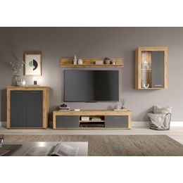 Wohnwand Inosign "Aosta, 4-tlg., best. aus: Highboard, Lowboard, Wandboard & Vitrine", grau (wotan eiche nachbildung, grau), B:330cm H:169cm T:40cm, Holzwerkstoff, Kastenmöbel-Sets, Wohnwand, Kombination, Anbauwand, Möbel Set, Schrankwand, Möbel Kombi
