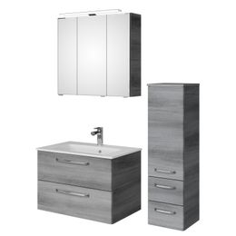 Badmöbel-Set SAPHIR "Badmöbel-Set Trentino 3-tlg Mineralmarmorwaschtisch,LED-Spiegelschrank", grau (graphit struktur quer nb), Kastenmöbel-Sets, Badezimmer-Set mit Midischrank inkl. Türdämpfer