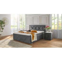 Boxbett LEONIQUE "Alfie, Topseller Inkl. Bettkasten&Topper", grau (anthrazit), L:211cm, Holzwerkstoff, Spanplatte, Komplettbetten, Wahlweise mit Knopfsteppung oder Strasssteinen, H2, H3 und H4 wählbar, Topseller