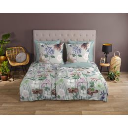Wendebettwäsche Good Morning "Fina Flowers", grün, B/L: 135cm x 200cm, 1 Stk., 1 Stk., Renforcé, B/L: 80cm x 80cm, 2 Stk., Renforcé, Obermaterial: 100% Baumwolle, Bettwäsche, Baumwolle, 135x200, Reißverschluss, Wendeoptik, Blumen, Grau, Grün