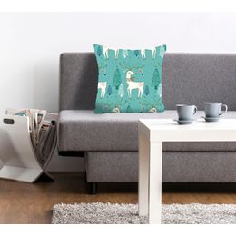 Dekokissen queence "Damian", blau (t&uuml;rkis, bedruckt), B:40cm L:40cm, Polyester, Dekokissen_Sitzkissen_Kissenh&uuml;llen, mit Rentieren und Tannenb&auml;umen