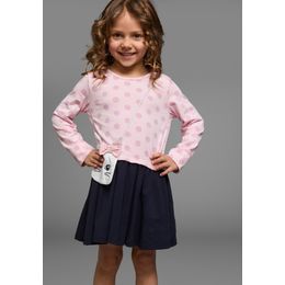 Jerseykleid Kidsworld "für kleine Mädchen", Mädchen, Gr. 104/110, N-Gr, rot (rosa, marine), Jersey, Obermaterial: 95% Baumwolle, 5% Elasthan, bedruckt, gepunktet, mehrfarbig, Modisch, ausgestellt kniefrei, Rundhals, Aufschlag, Kleider, ideal für festliche Anlässe, kniefreie Länge
