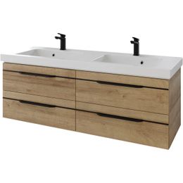 Waschtisch SAPHIR "Serie Balto Mineralmarmor-Waschtisch mit Unterschrank, 147,8 cm breit", braun (riviera eiche quer nachbildung, riviera eiche quer nachbildung), B:147,8cm H:55,6cm T:50,8cm, Waschtische, Doppel-Waschplatz mit 4 Schubladen, in verschiedene Ausführungen