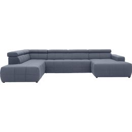 Wohnlandschaft DOMO collection "Brandon, whlw. mit Sitztiefenverstellung, inkl. Nierenkissen", blau (dunkelblau), B:359cm H:80cm T:228cm, Kunstleder SOFTLUX;Luxus-Microfaser in Antikleder-Optik (100% Polyester);Luxus-Microfaser (100% Polyester), Sofas, mit Kopfteilverstellung, wahlweise Sitztiefenverstellung, U-Form