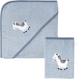 Wörner Handtuch Set WÖRNER "Zebra blau Kapuzenbadetuch 100/100 mit Waschhandschuh", blau, 2 Stk., Zebra, Frottier, Frottier, Obermaterial: 100% Baumwolle, Handtücher, mit süßer Zebrastickerei