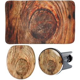 Badaccessoire-Set Sanilo "Rustikal", braun, MDF, Badaccessoires-Sets, bestehend aus WC-Sitz, Badteppich und Waschbeckenstöpsel
