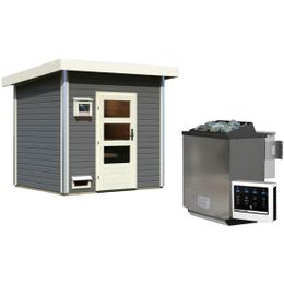 Saunahaus Karibu "Ralf", grau (terragrau), Bio-Ofen, externe Steuerung, 9 kW, Saunen, moderne Tür, Ofen 9 kW Bio ext. Strg.