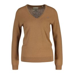 V-Ausschnitt-Pullover Gant "EXTRAFINE LAMBSWOOL V-NECK", Damen, Gr. L, warm khaki, Strick, Obermaterial: 90% Wolle, 10% Polyamid, V-Ausschnitt, Rippbündchen, Pullover