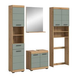Badmöbel-Set Inosign "Siena, 4 teilig, bestehend aus:", grün (artisan eiche nb, salbei nb), B:190cm T:34cm, Holzwerkstoff, MDF, Kastenmöbel-Sets, Hochschrank, WBU, Badspiegel, Waschmaschinenumbauschrank