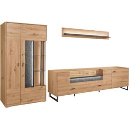 TV-Wand "Deltona", braun (eiche artisan), B:317,4cm H:198cm T:50,2cm, Spanplatte, SET ONE BY Musterring, Kastenmöbel-Sets, Zierelemente aus Sandstein, inkl. Beleuchtung, Gesamtbreite ca. 317 cm