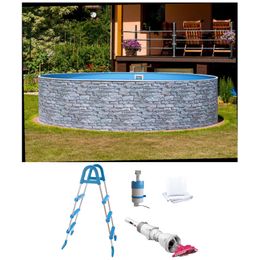 Rundpool MY POOL BWT, grau (steinoptik), H:0,9cm Ø:3,6cm, Schwimmbecken, Inkl. Akku-Bodensauger BWT BC 02