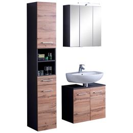 Badmöbel-Set Welltime "Avignon", braun (eichefarben, grafit), B:90cm H:200cm T:35cm, Holzwerkstoff, Kastenmöbel-Sets, mit 3D-Spiegelschrank mit LED-Aufsatzleuchte