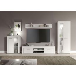 Wohnwand Inosign "Aosta, 4-tlg., best. aus: Vitrine, Lowboard, Wandboard & Vitrine hoch", weiß (weiß, weiß), B:330cm H:159cm T:40cm, Holzwerkstoff, Kastenmöbel-Sets, Wohnwand, Kombination, Anbauwand, Möbel Set, Schrankwand, Möbel Kombi