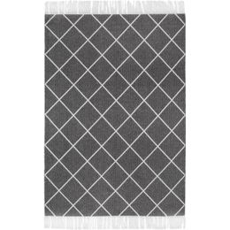 Teppich LUXOR living "Glitter" Gr. 4, grau (anthrazit, weiß), B:140 H:5 L:200, Baumwolle, Teppiche, Fransenteppich, handgewebt, Rauten Design, mit metallisierenden Fasern, mit Fransen
