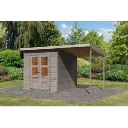 Gartenhaus Karibu "»Merseburg 4« vorvergraut mit Anbaudach", grau (vorvergraut), ohne Fußboden, ohne Rück- und Seitenwand, Holzwerkstoff, Gartenhäuser, aus Fichtenholz, farbig lasiert