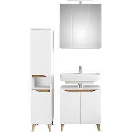 Badmöbel-Set SAPHIR "Quickset 3-teilig, Waschbeckenunterschrank mit LED-Spiegelschrank", weiß (weiß seidenglanz), B:95cm T:33cm, Glas, Spanplatte, Kastenmöbel-Sets, Midischrank, inkl. Türdämpfer, 7 Türen, 1 Nische, Bad-Set, grifflos