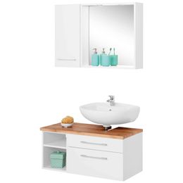 Badmöbel-Set Welltime "Davos", weiß, Siphonausschnitt rechts, Holzwerkstoff, MDF, Melamin, Kastenmöbel-Sets, inklusive Beleuchtung, Hängeschrank und Waschbeckenunterschrank