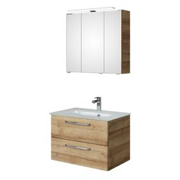Badmöbel-Set SAPHIR "Trentino 2-teilig Glas-Waschtisch, Spiegelschrank mit LED-Leuchte", braun (riviera eiche quer nb), Kastenmöbel-Sets, Badmöbel-Set 77cm breit, inkl. Türdämpfer, 3 Türen, 2 Auszügen