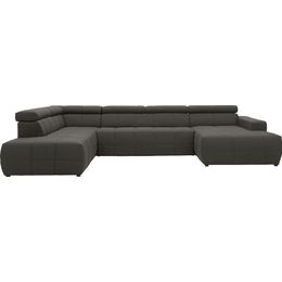 Wohnlandschaft DOMO collection "Brandon, whlw. mit Sitztiefenverstellung, inkl. Nierenkissen", grau, B:359cm H:80cm T:228cm, Kunstleder SOFTLUX;Luxus-Microfaser in Antikleder-Optik (100% Polyester);Luxus-Microfaser (100% Polyester), Sofas, mit Kopfteilverstellung, wahlweise Sitztiefenverstellung, U-Form