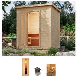 Saunahaus Karibu "Talo 1", beige (naturbelassen), Saunaofen, integrierte Steuerung, 9 kW, Saunen, Ofen 9 kW, integrierte Steuerung