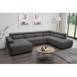 Wohnlandschaft DOMO collection "Brandon, whlw. mit Sitztiefenverstellung, inkl. Nierenkissen", grau, B:359cm H:80cm T:228cm, Kunstleder SOFTLUX;Luxus-Microfaser in Antikleder-Optik (100% Polyester);Luxus-Microfaser (100% Polyester), Sofas, mit Sitztiefenverstellung, Cord, grau