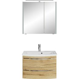 Badmöbel-Set SAPHIR "Serie 7045 2-teilig Mineralmarmor-Waschtisch mit LED-Spiegelschrank", braun (halifax eiche quer nachbildung), B:73,2cm H:200cm T:49,8cm, Spanplatte, Kastenmöbel-Sets, Badezimmer-Set 73,2 cm breit, inkl. Türdämpfer, 2 Türen, 2 Schubladen