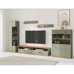 Wohnwand Home Affaire "Ribe,Set-5 St.,Oberplatten Eiche massiv,viel Stauraum", salbei, eiche, Holzwerkstoff, Massivholz, Kastenmöbel-Sets, Glaseinsatz aus gehärtetem Glas,Böden teilweise versetzbar