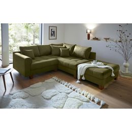Ecksofa Home Affaire, B:216cm H:42cm T:185cmgrün, 100%Polyester, Wohnzimmer, Sofas, "Rice L-Form, B: 216 cm", Set: Sofa & Hocker, mit 3 Zierkissen,