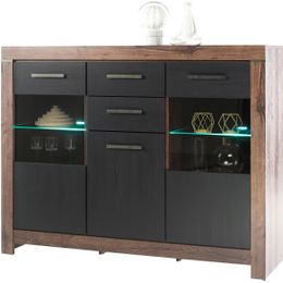 HBZ-MEBLE Highboard HBZ "Balin mit LED-Beleuchtung, BxHxT 160x125x45 cm", schwarz (eiche canyon, schwarz eiche), B:160cm H:125cm T:45cm, Holzwerkstoff, Sideboards, Mit 2 Türen und 1 Tür mit Teilverglasung